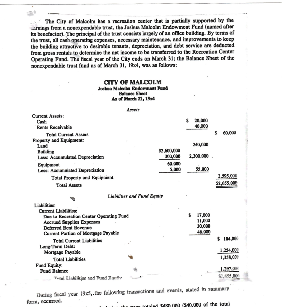 Solved The City of Malcolm has a recreation center that is | Chegg.com