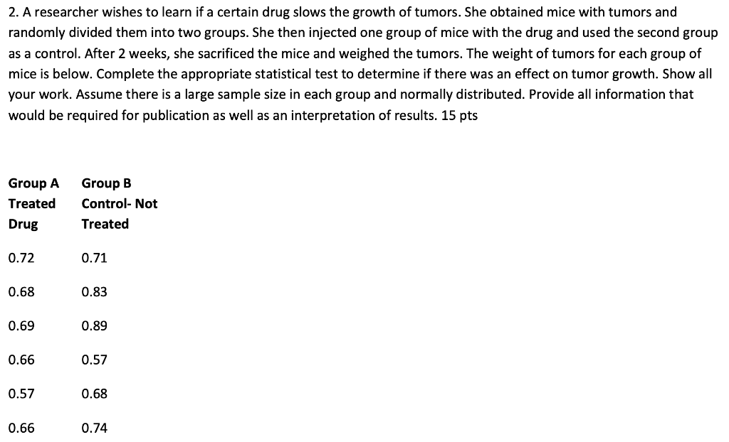 Solved 2. A researcher wishes to learn if a certain drug | Chegg.com