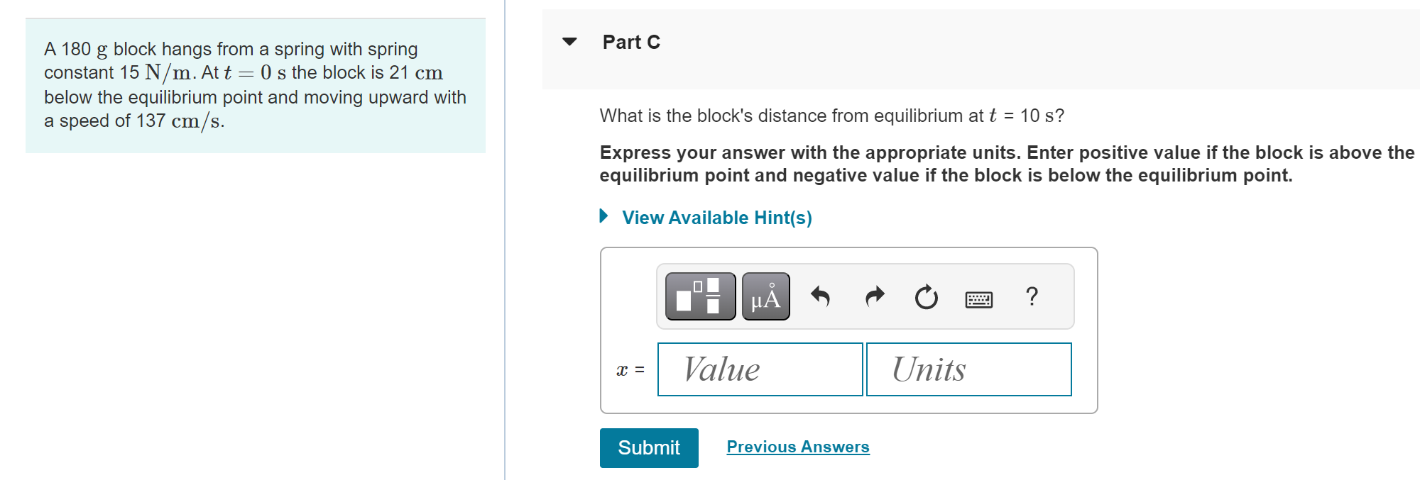 Solved A 180 g block hangs from a spring with spring Part C | Chegg.com