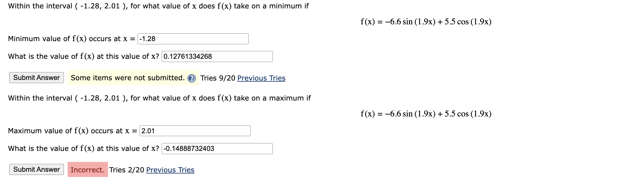 Solved Within the interval (-1.28,2.01), ﻿for what value of | Chegg.com