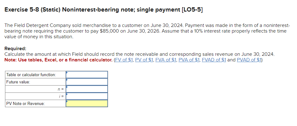 Solved Exercise 5-8 (Static) Noninterest-bearing note; | Chegg.com