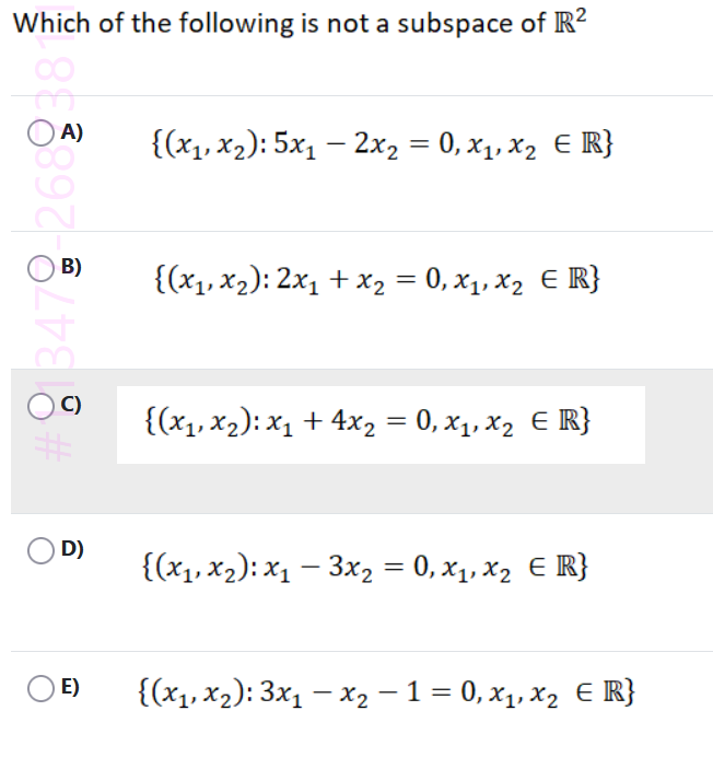 Solved Which of the following is not a subspace of R2 A) | Chegg.com