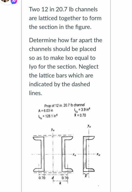 Solved Two 12 in 20.7 lb channels are latticed together to | Chegg.com