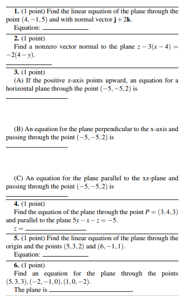 Solved 1. (1 point) Find the linear equation of the plane | Chegg.com