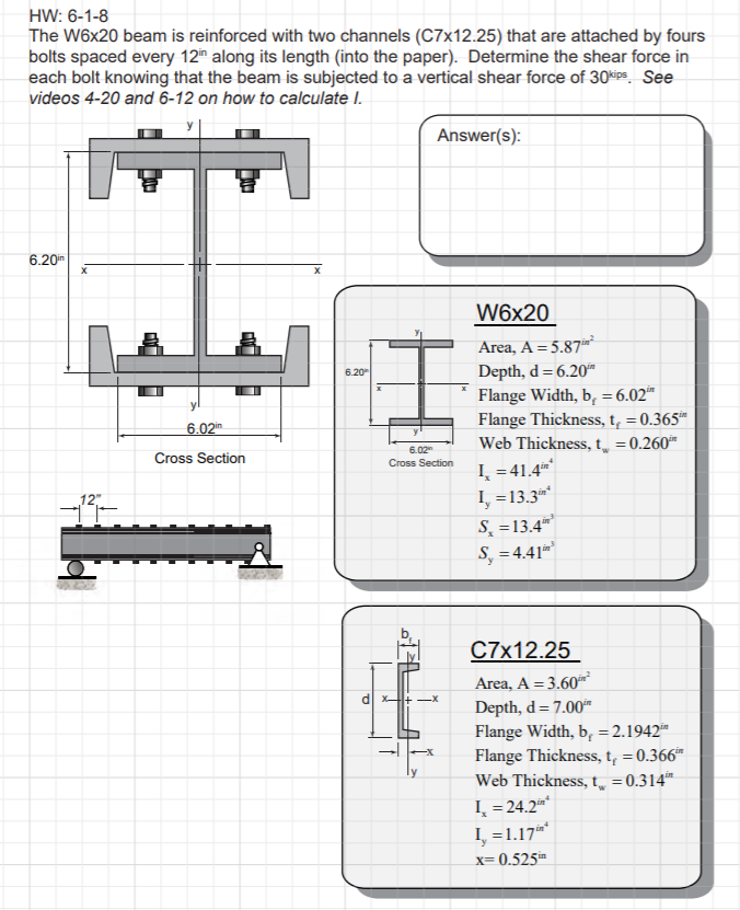 Solved HW: 6-1-8 The W6x20 beam is reinforced with two | Chegg.com
