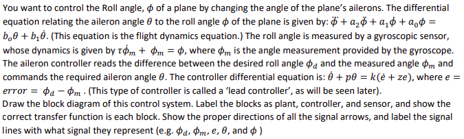 You want to control the Roll angle, o of a plane by | Chegg.com