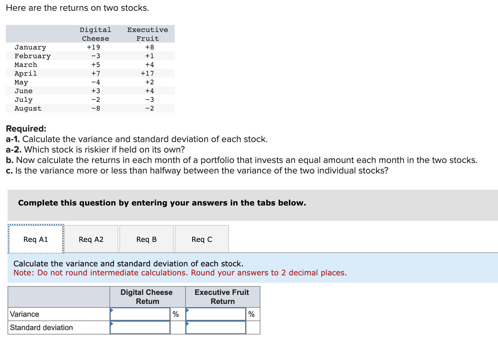 Solved Here are the returns on two stocks.Required:a-1. | Chegg.com