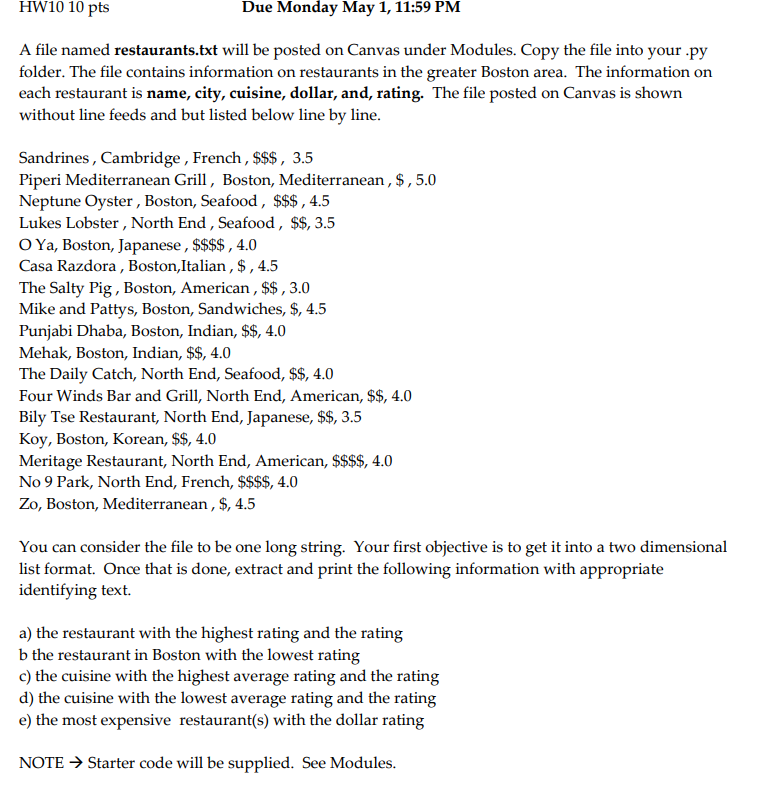 Solved HW10 10 pts Due Monday May 1, 11:59 PM A file named | Chegg.com