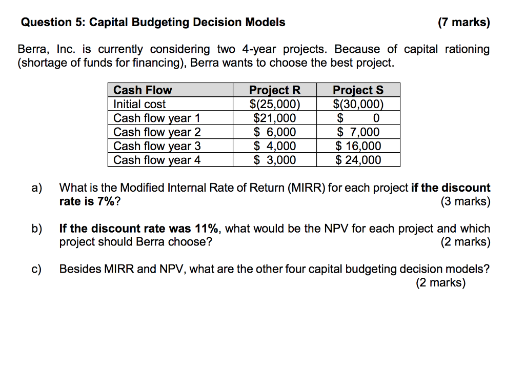 Solved Question 5: Capital Budgeting Decision Models (7 | Chegg.com