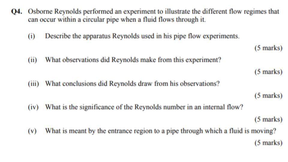 Solved Q4. Osborne Reynolds performed an experiment to | Chegg.com