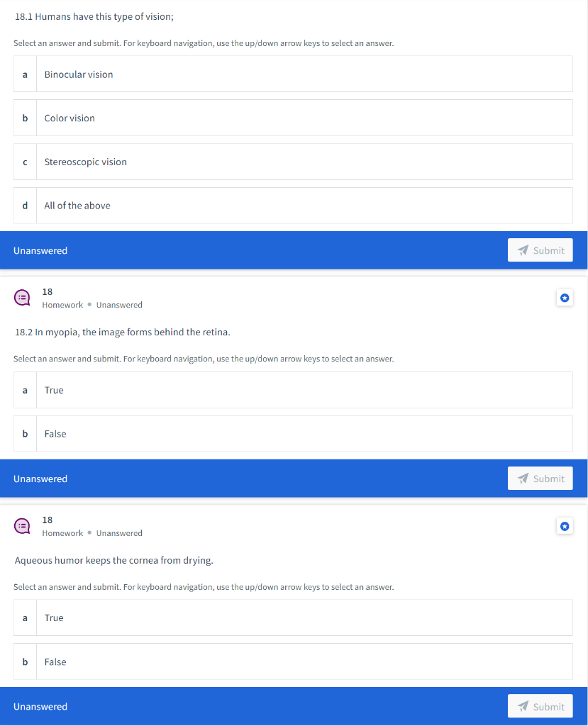 [Solved]: 18.1 Humans have this type of vision; Select an