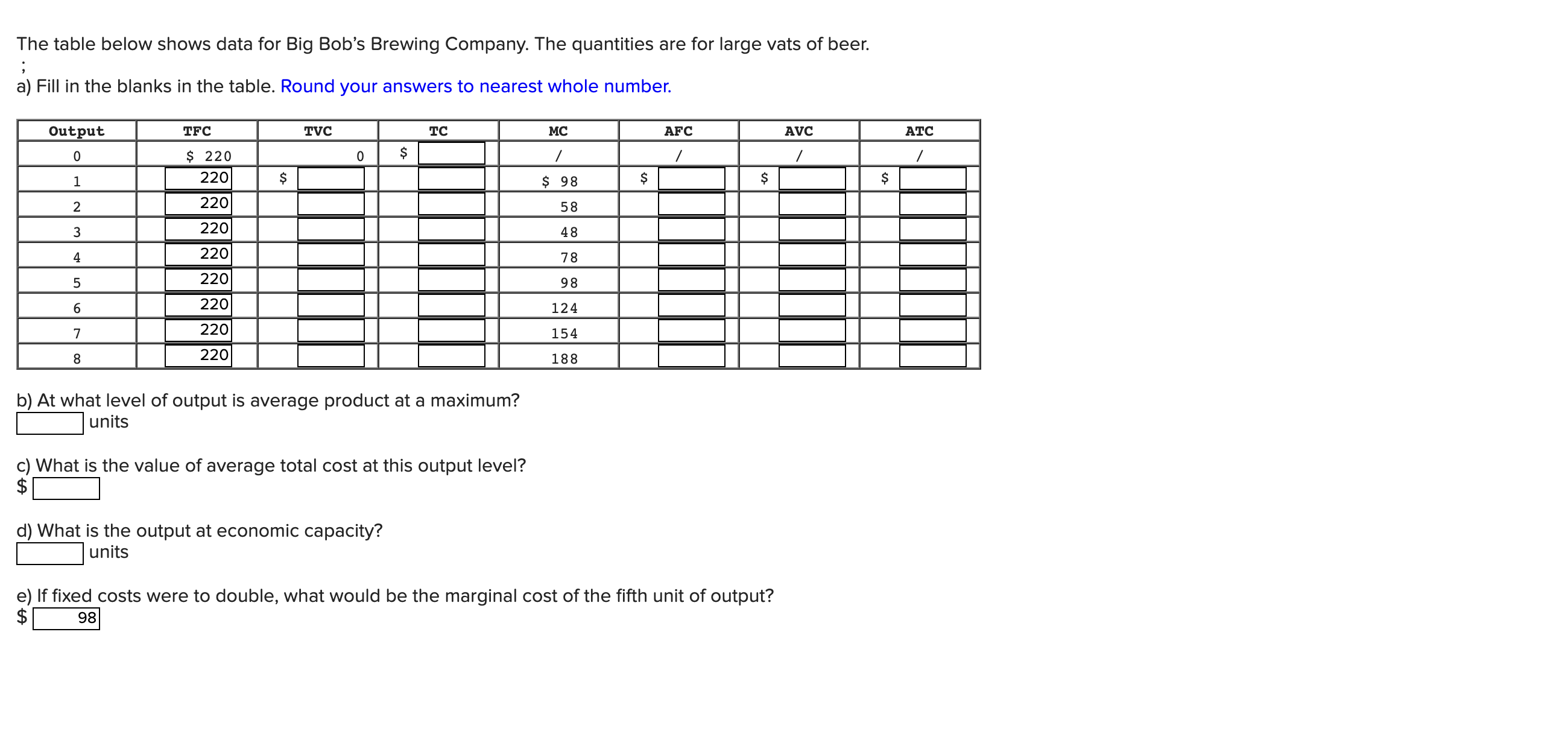 Solved The table below shows data for Big Bob's Brewing | Chegg.com