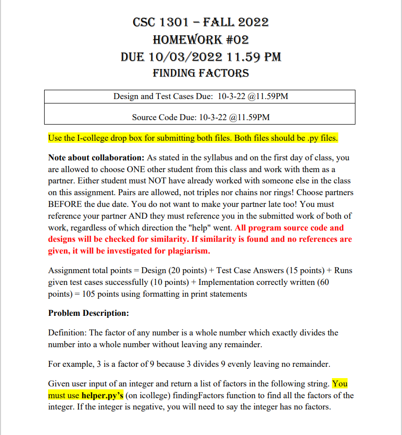 Solved CSC 1301 - FALL 2022 HOMEWORK #02 DUE 10/03/2022 | Chegg.com