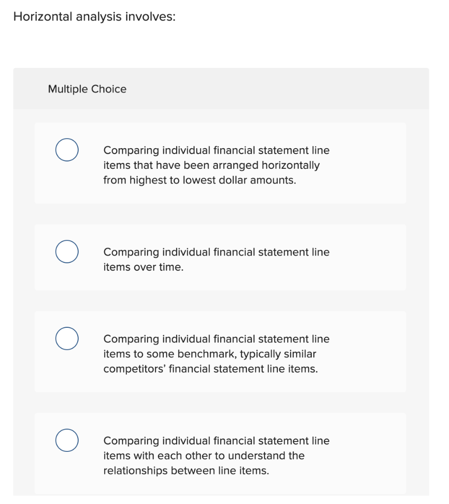 Solved: Horizontal Analysis Involves: Multiple Choice 1 0 ... | Chegg.com