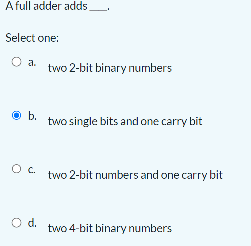 Solved A full adder addsSelect one:a. ﻿two 2-bit binary | Chegg.com