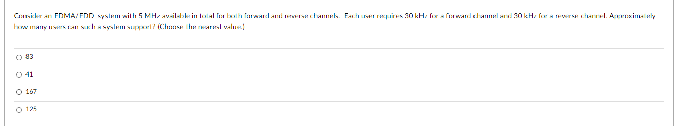 Solved Consider an FDMA/FDD system with 5 MHz available in | Chegg.com