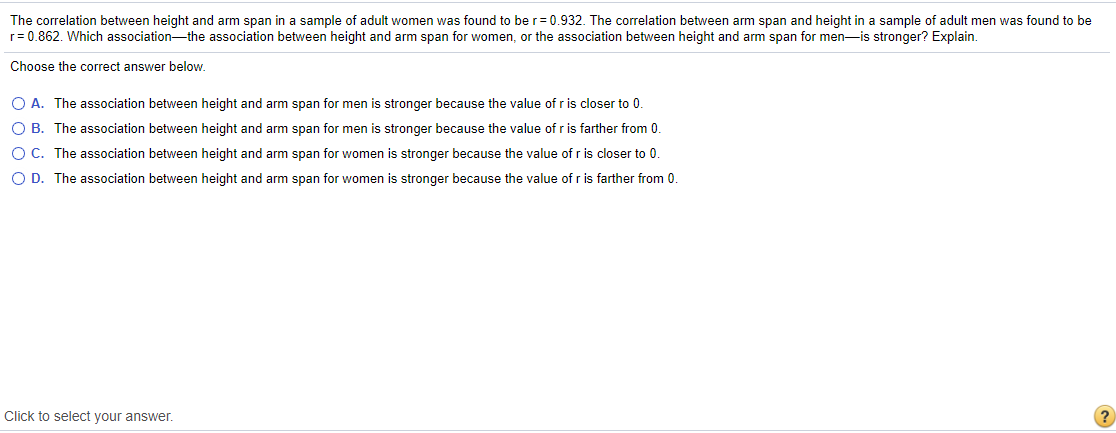 Solved The correlation between height and arm span in a | Chegg.com