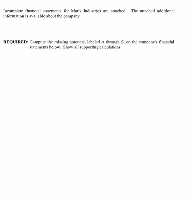 Solved Incomplete financial statements for Maris Industries | Chegg.com