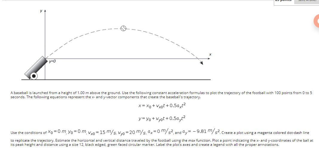 Solved у y=0 A baseball is launched from a height of 1.00 m | Chegg.com