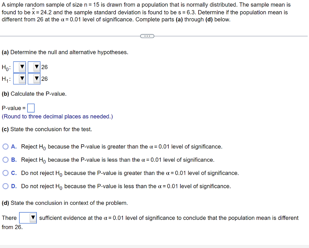 Solved A simple random sample of size n=15 is drawn from a | Chegg.com