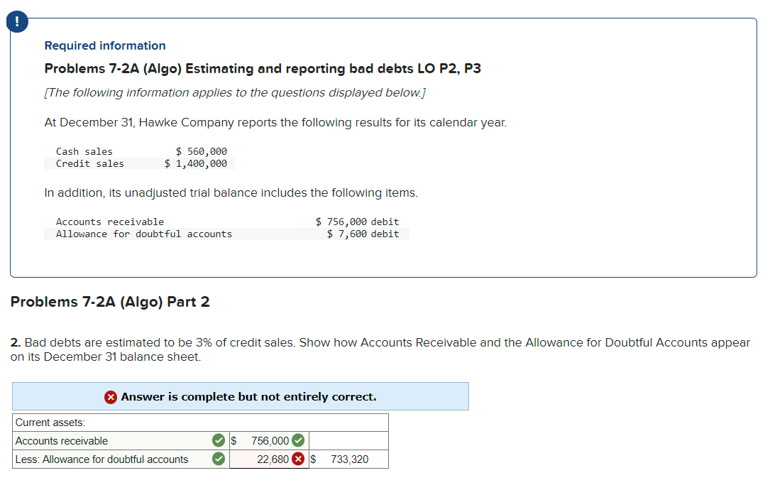 Solved Problems 7-2A (Algo) Estimating and reporting bad | Chegg.com