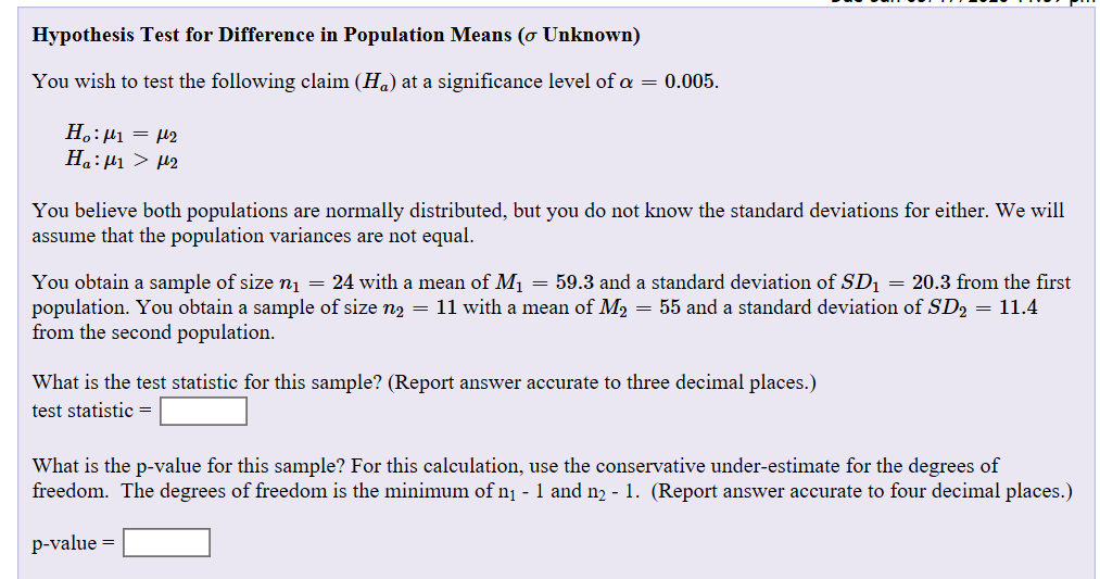 Solved Hypothesis Test for Difference in Population Means (o | Chegg.com
