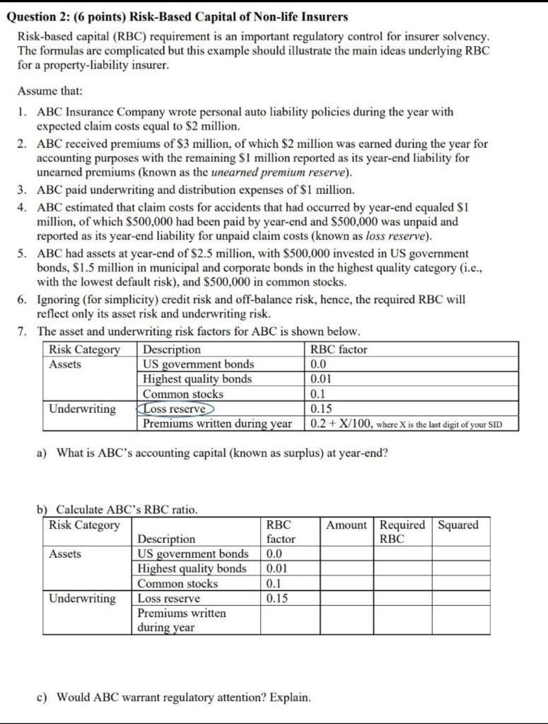 Question 2: (6 points) Risk-Based Capital of Non-life | Chegg.com