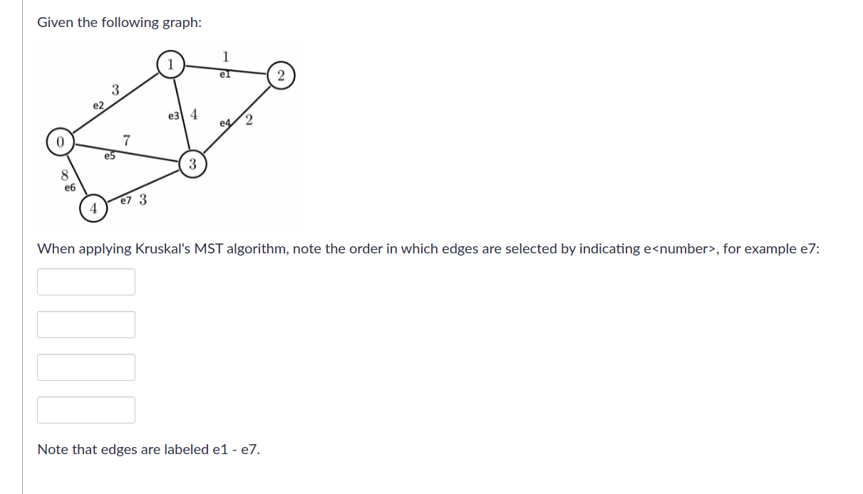 Solved Given the following graph: 1 er 3 e2 e3 4 ed 2 0 7 e5 | Chegg.com