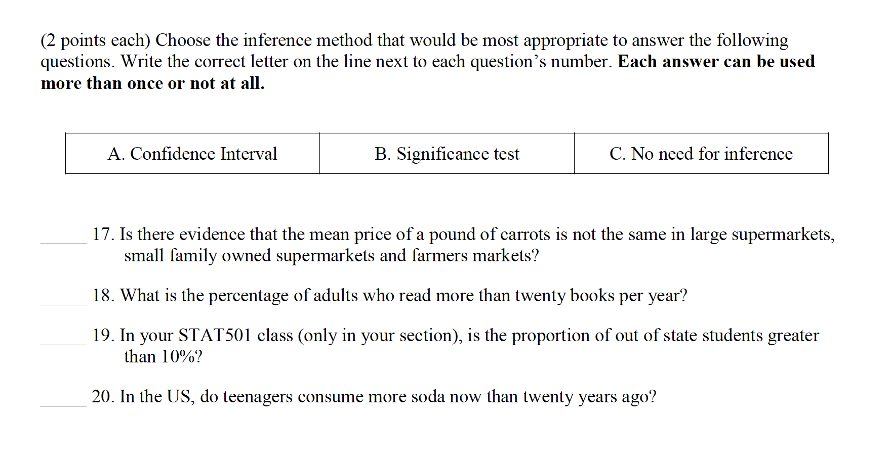 Solved (2 points each) Choose the inference method that | Chegg.com