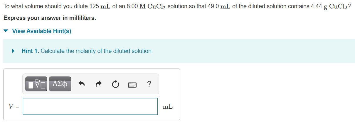 Solved To what volume should you dilute 125 mL of an 8.00 M | Chegg.com