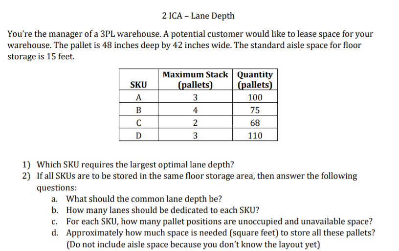 2 ICA – Lane Depth You're the manager of a 3PL | Chegg.com