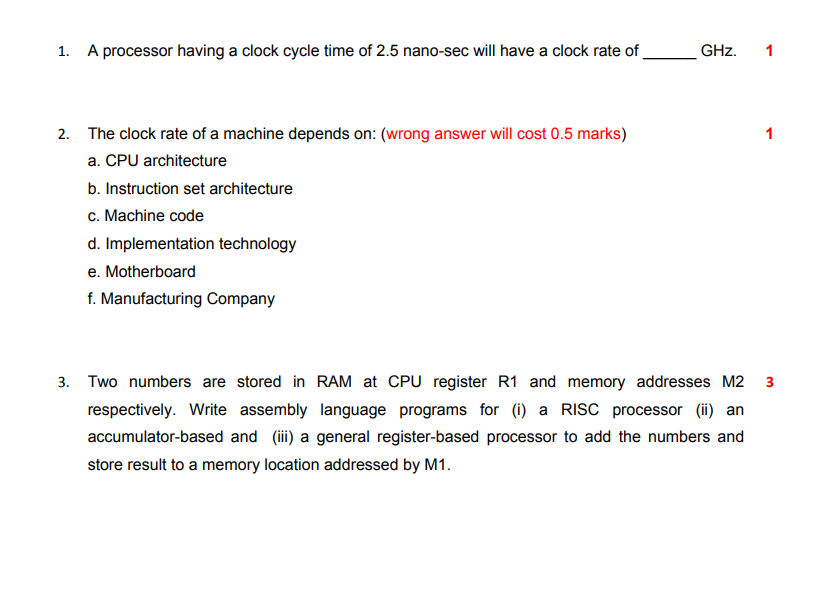 Solved 1. A processor having a clock cycle time of 2.5 | Chegg.com