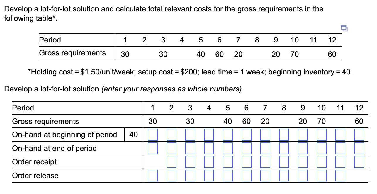 Solved Develop a lot-for-lot solution and calculate total | Chegg.com