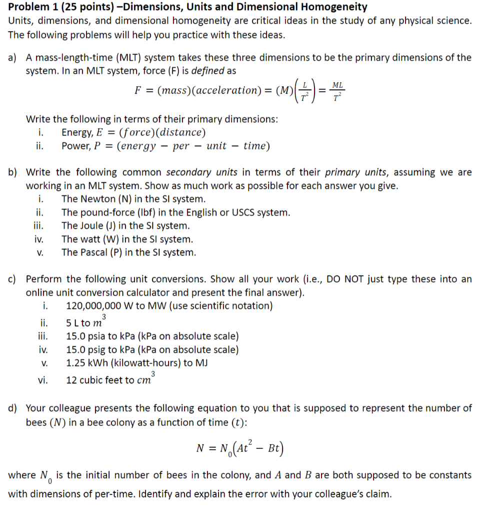 Solved Problem 1 (25 points) -Dimensions, Units and | Chegg.com