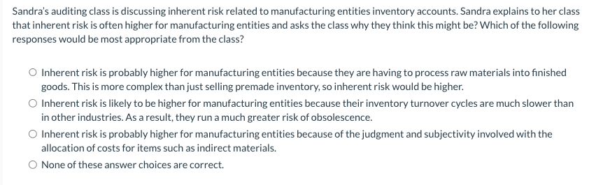 Solved Sandra S Auditing Class Is Discussing Inherent Risk Chegg