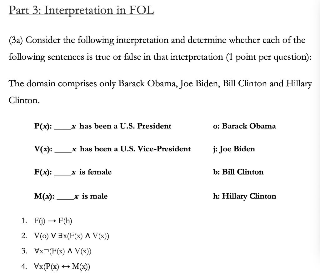 Solved Part 3: Interpretation in FOL (3a) Consider the | Chegg.com