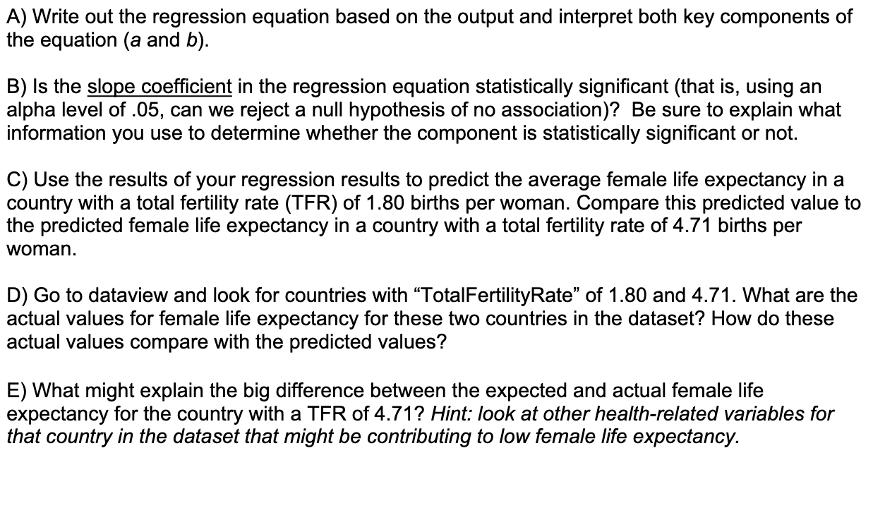 Solved A) Write out the regression equation based on the | Chegg.com