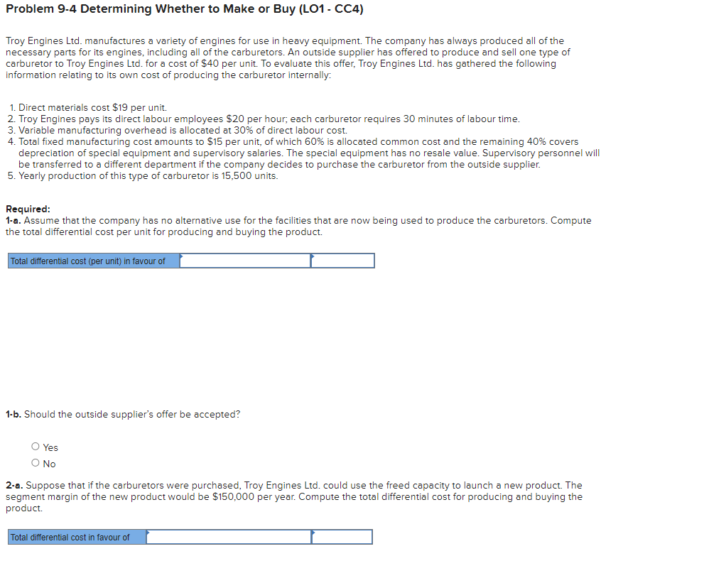 Solved Problem 9-4 Determining Whether to Make or Buy (LO1 - | Chegg.com