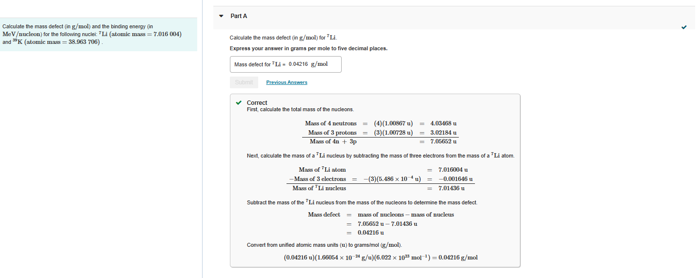 Solved Calculate the mass defect (in g/mol ) and the binding | Chegg.com