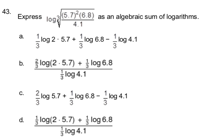 Solved 43. Expres s an algebraic sum of logarithms. 43. | Chegg.com