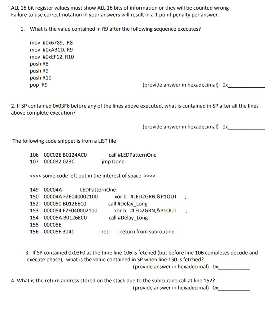 ALL 16 bit register values must show ALL 16 bits of | Chegg.com
