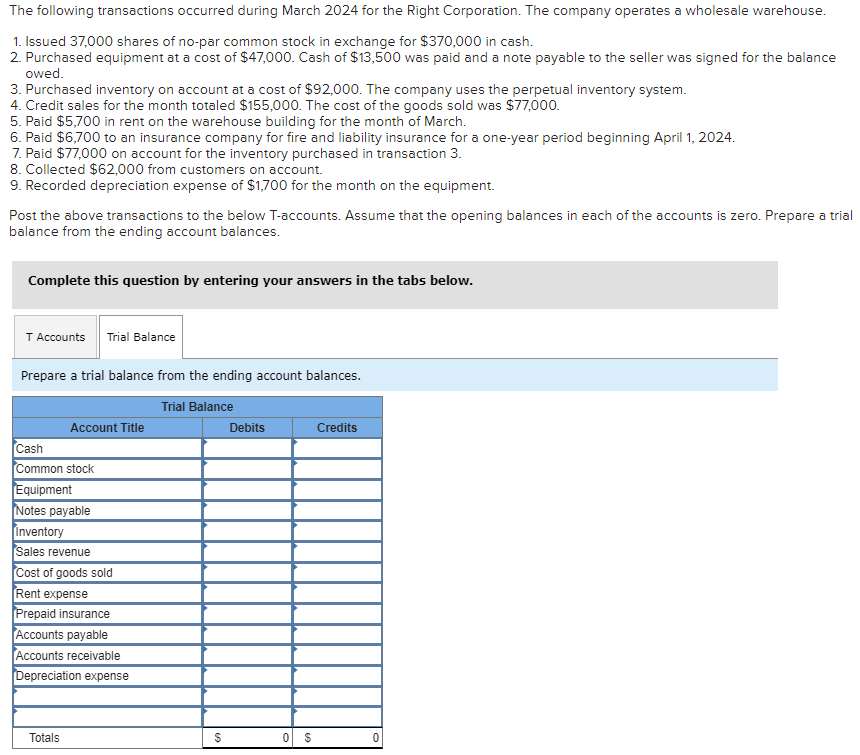 Solved The following transactions occurred during March 2024 | Chegg.com