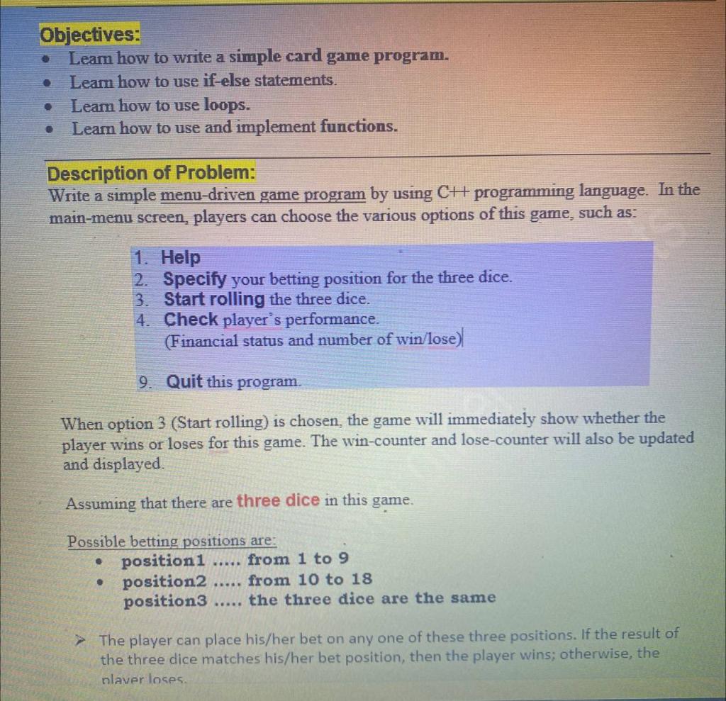 Solved Objectives: Learn how to write a simple card game | Chegg.com