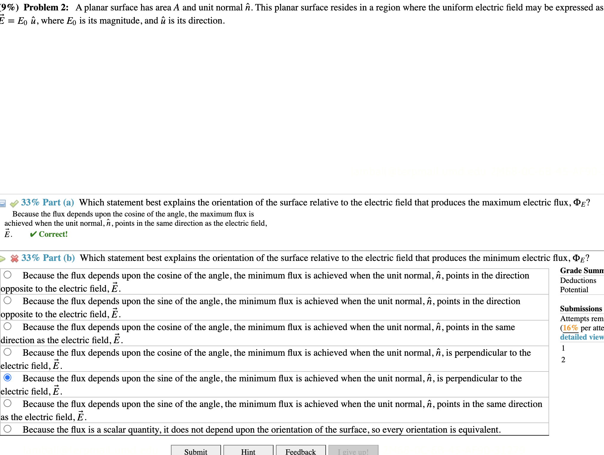 9\%) Problem 2: A planar surface has area A and unit | Chegg.com