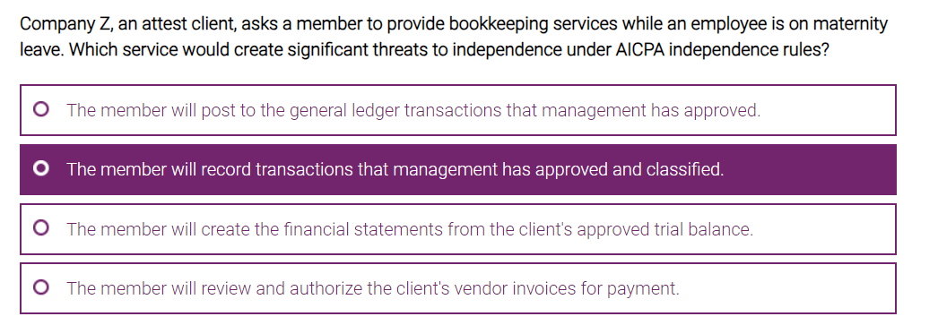 Solved Company Z, an attest client, asks a member to provide | Chegg.com