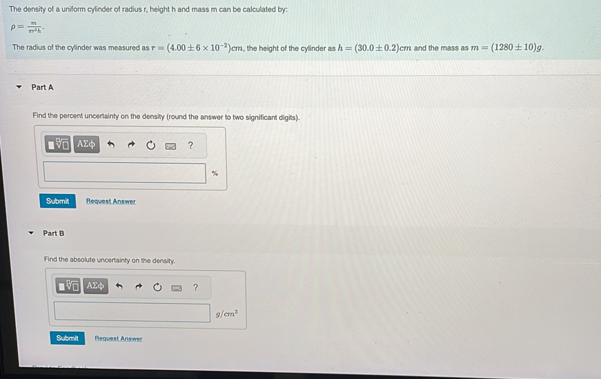 Solved The density of a uniform cylinder of radius r, height | Chegg.com