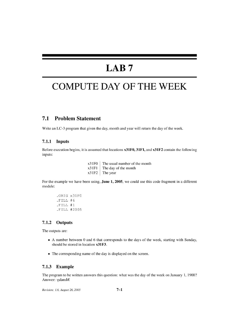 LAB 7 COMPUTE DAY OF THE WEEK 7.1 Problem Statement | Chegg.com