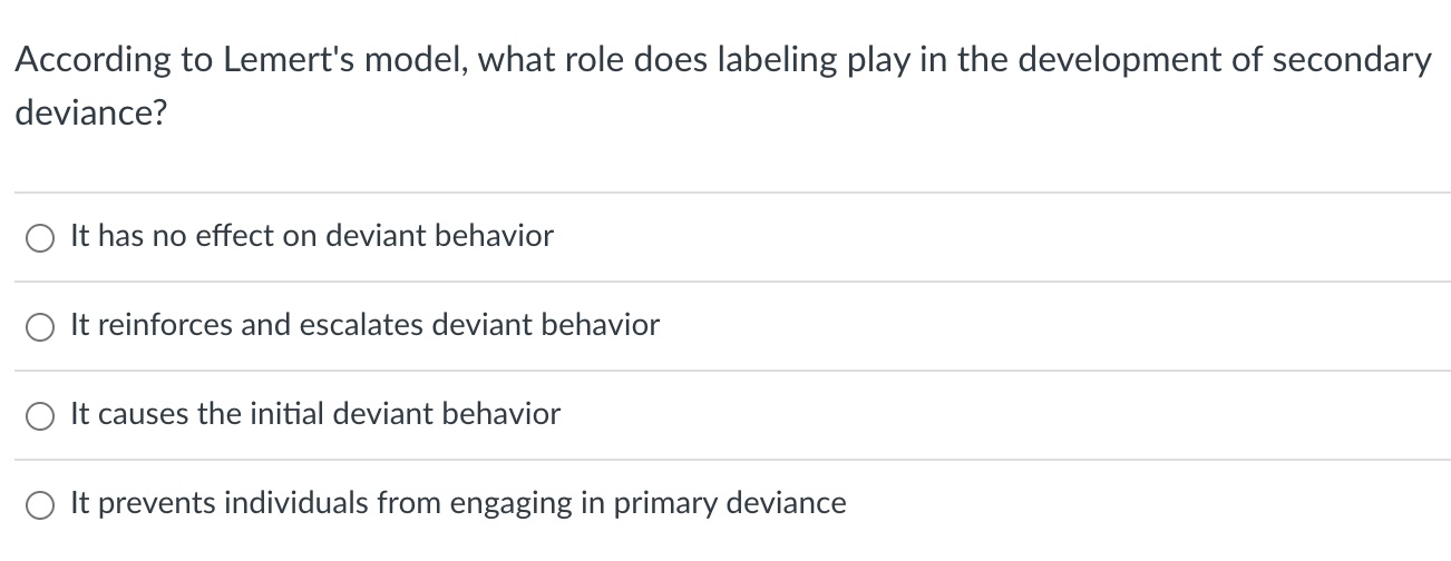 Solved According to Lemert's model, what role does labeling | Chegg.com