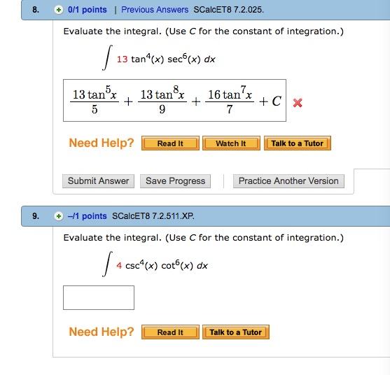 Solved 8. 0/1 points I Previous Answers SCalcET8 7.2.025 | Chegg.com
