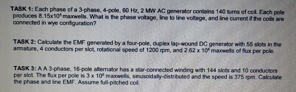 Solved TASK 1: Each phase of a 3-phase, 4-pole, 60 Hz,2MW AC | Chegg.com